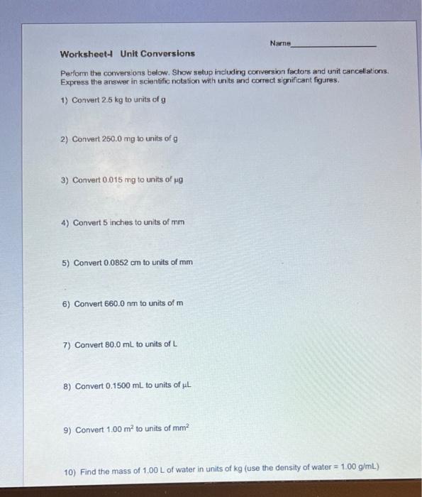 Solved Worksheet- Unit Conversions Perform the comersions | Chegg.com