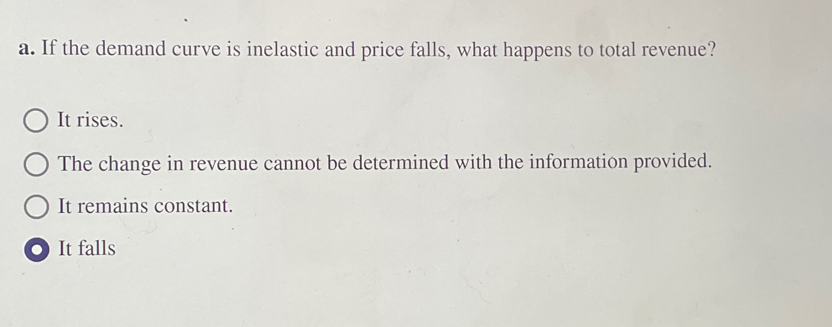 Solved a. ﻿If the demand curve is inelastic and price falls, | Chegg.com