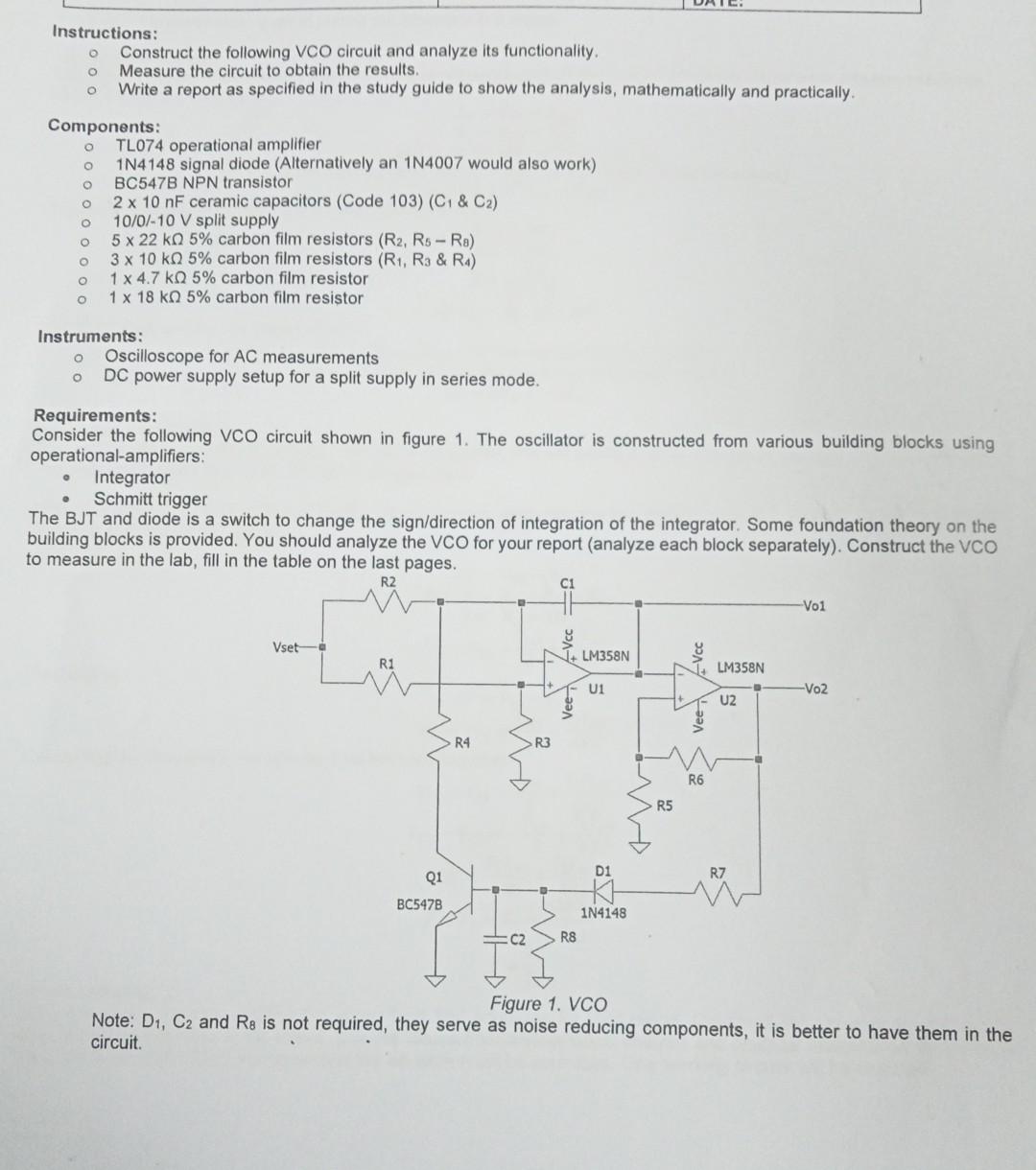Solved Components: - TL074 operational amplifier 1 N4148 | Chegg.com