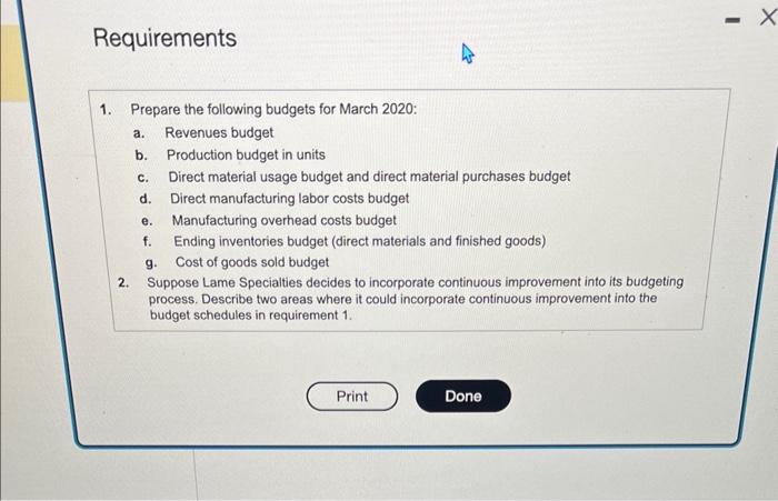 Solved Requirements 1. Prepare the following budgets for | Chegg.com
