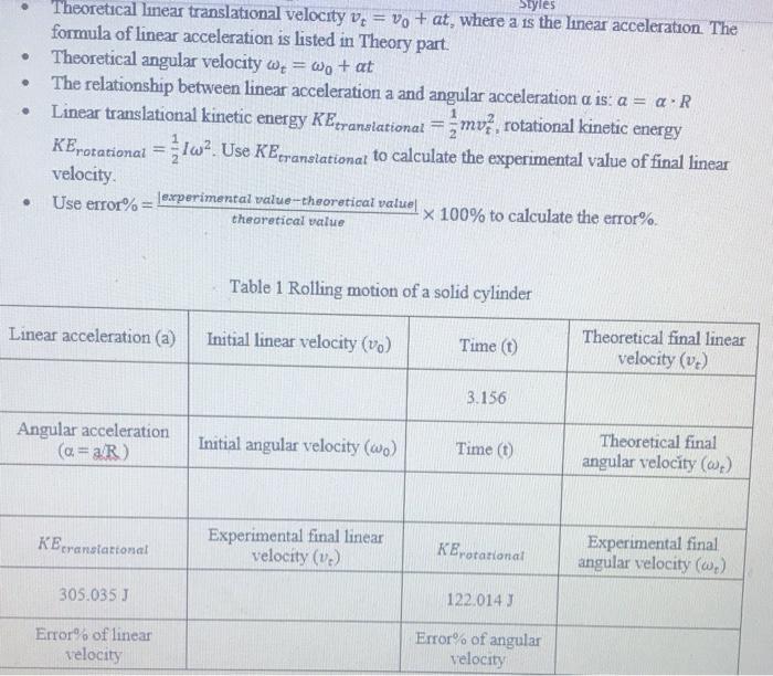 Solved Styles Theoretical linear translational velocity v = | Chegg.com
