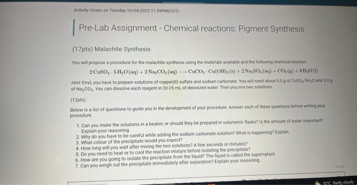 Solved Pre-Lab Assignment - Chemical reactions: Pigment | Chegg.com