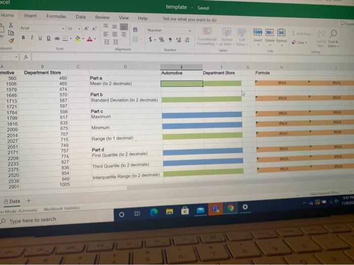 Solved Excel Template Saved Home Insert Formulas Data Review 