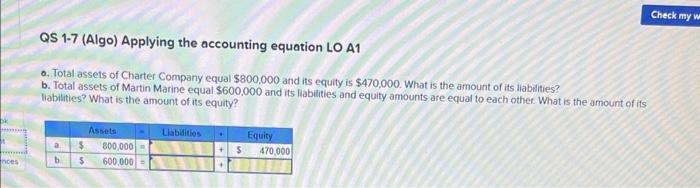 Solved QS 1-7 (Algo) Applying the accounting equation LO A1 | Chegg.com