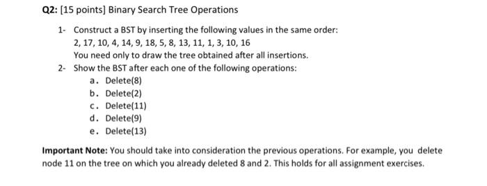 Solved Q2: [15 points] Binary Search Tree Operations 1. | Chegg.com