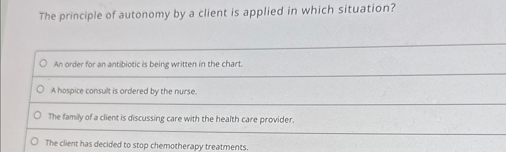 Solved The principle of autonomy by a client is applied in | Chegg.com