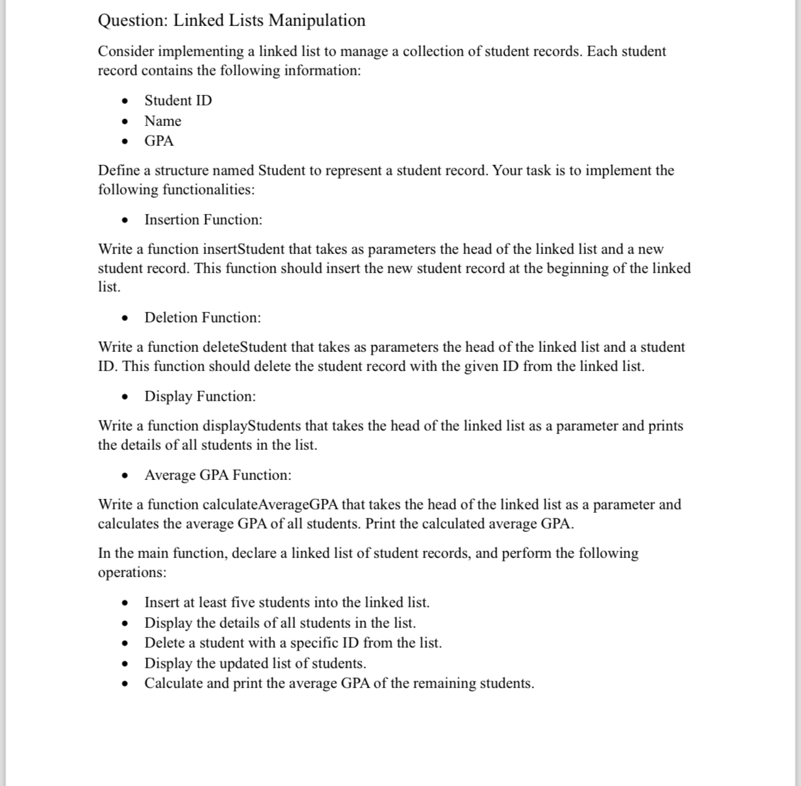 NO AI USE C LANGUAGEQuestion: Linked Lists | Chegg.com