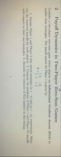 Solved 2 ﻿Payoff Dynamics in Two-Player Zero-Sum | Chegg.com