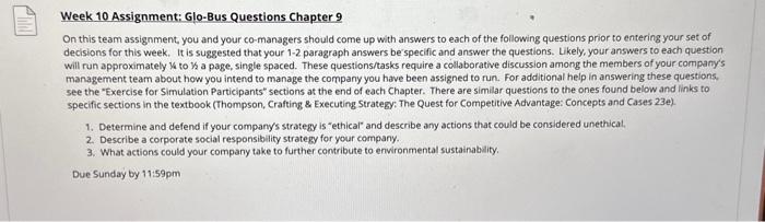 Solved Week 10 Assignment: Glo-Bus Questions Chapter 9 On | Chegg.com