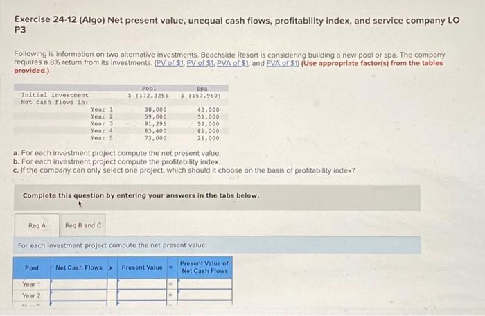 Solved Exercise 24-12 (Algo) Net present value, unequal cash | Chegg.com