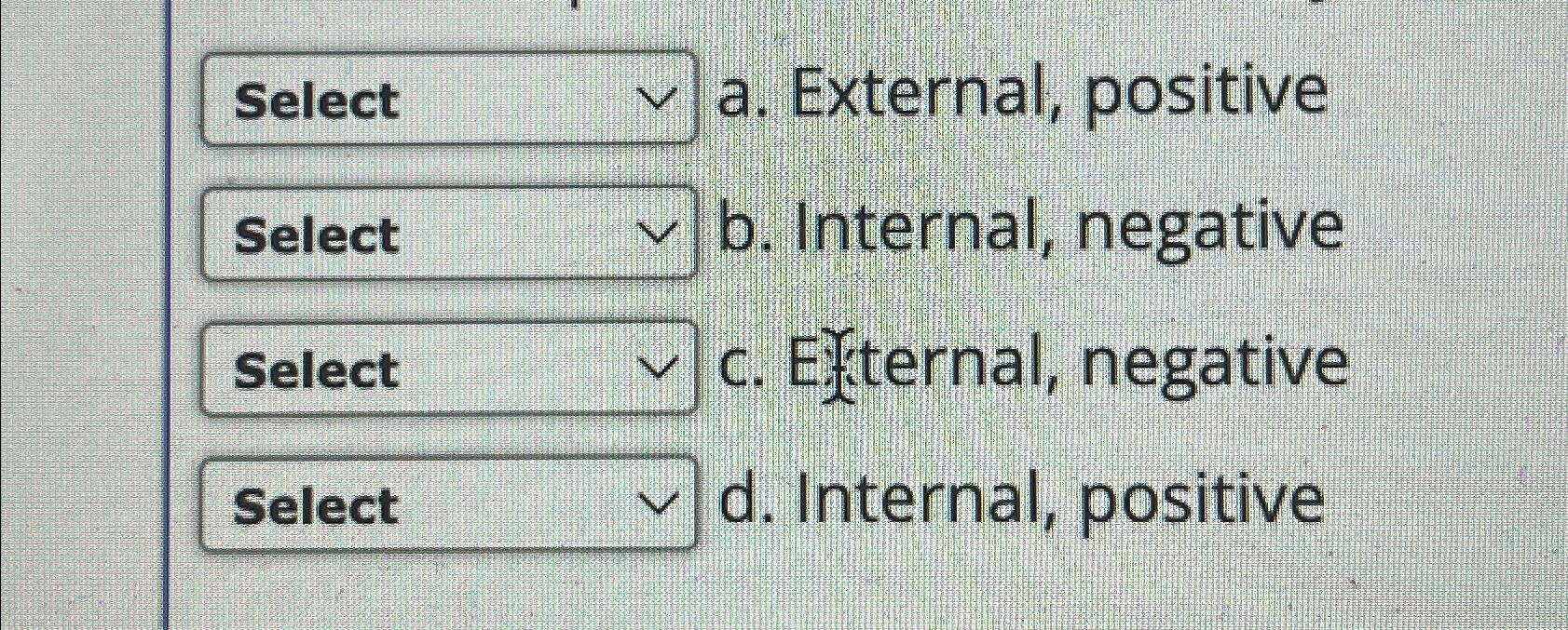 Solved a. ﻿External, positiveb. ﻿Internal, negativec. | Chegg.com
