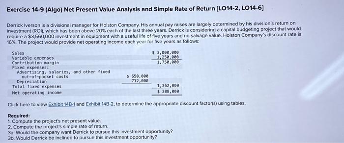 Solved Exercise 14-9 (Algo) Net Present Value Analysis and | Chegg.com