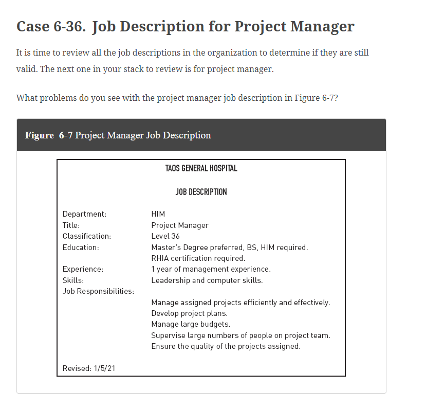 Solved Case 6-36. ﻿Job Description for Project ManagerIt is | Chegg.com