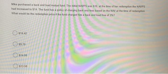 Solved Mike purchased a back end load mutual fund. The | Chegg.com