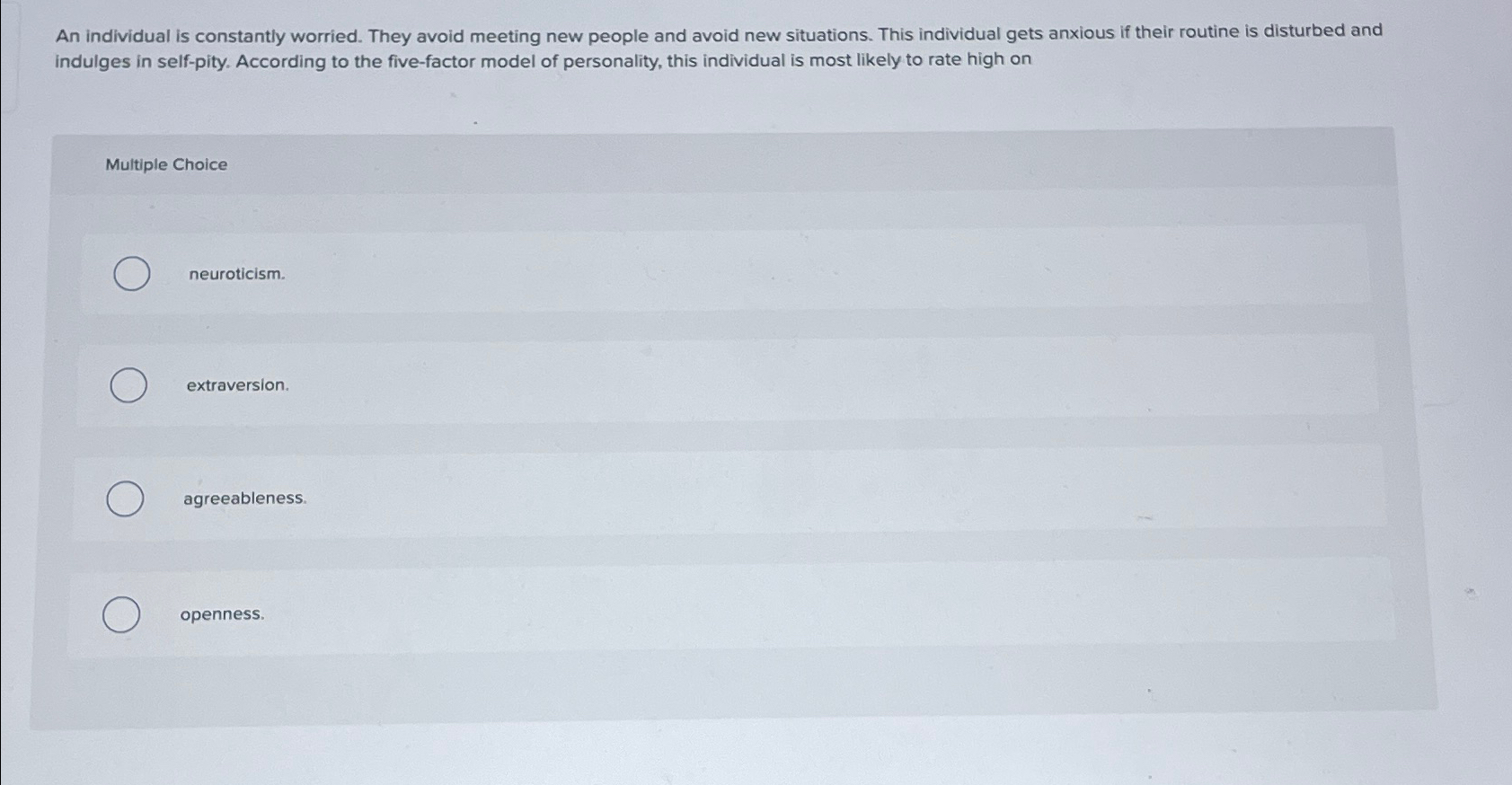 Solved An individual is constantly worried. They avoid | Chegg.com