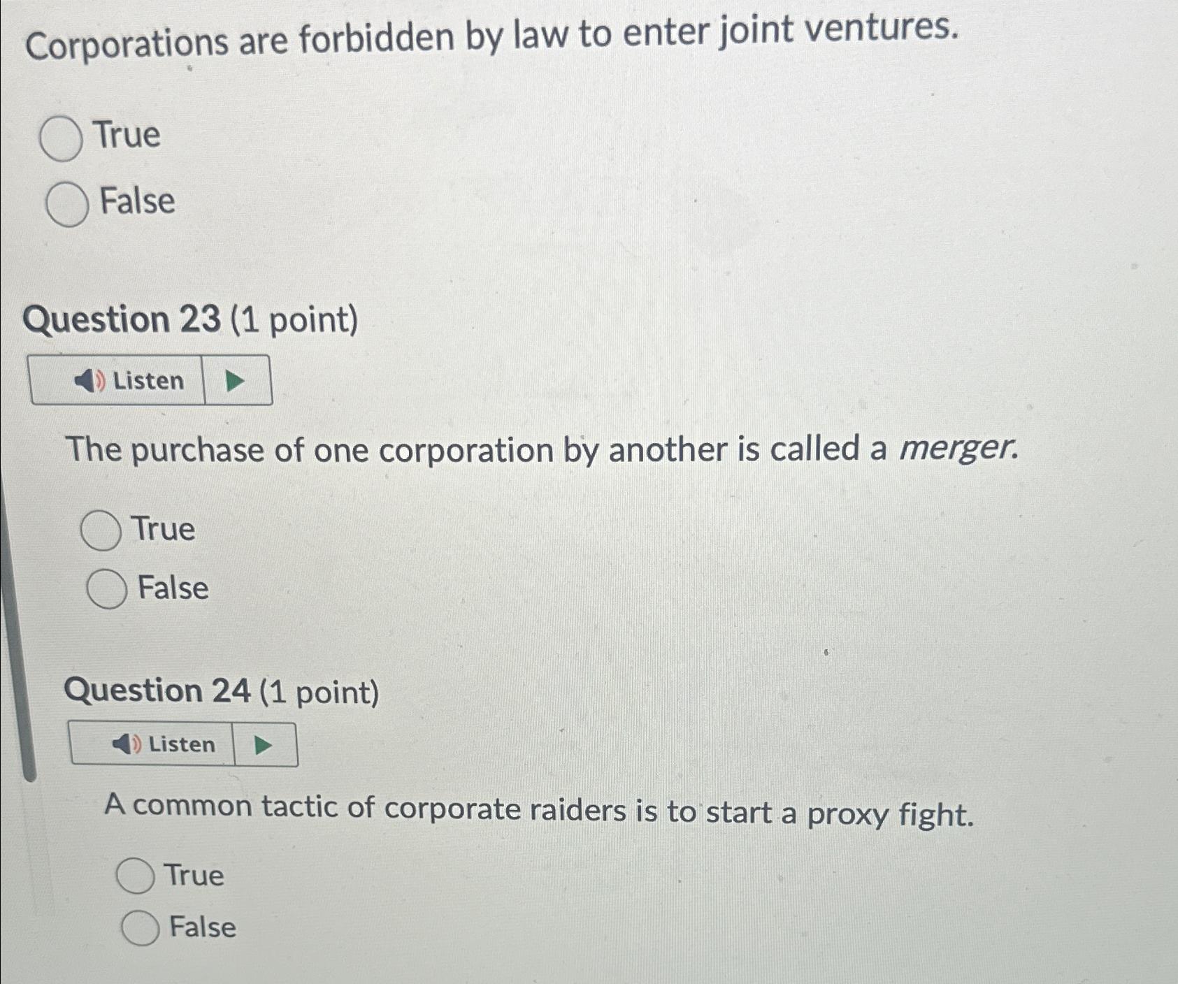 Solved Corporations are forbidden by law to enter joint | Chegg.com