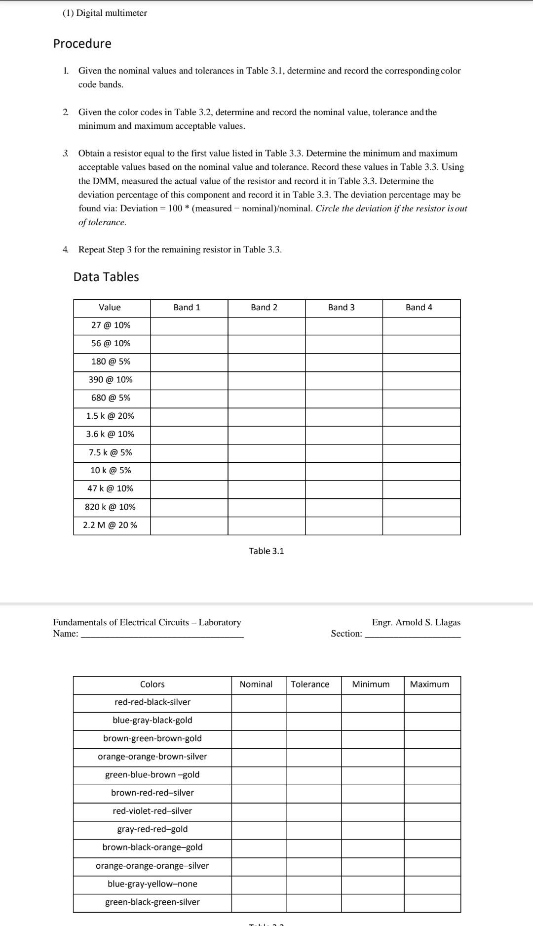 Solved (1) Digital multimeter Procedure 1. Given the nominal | Chegg.com