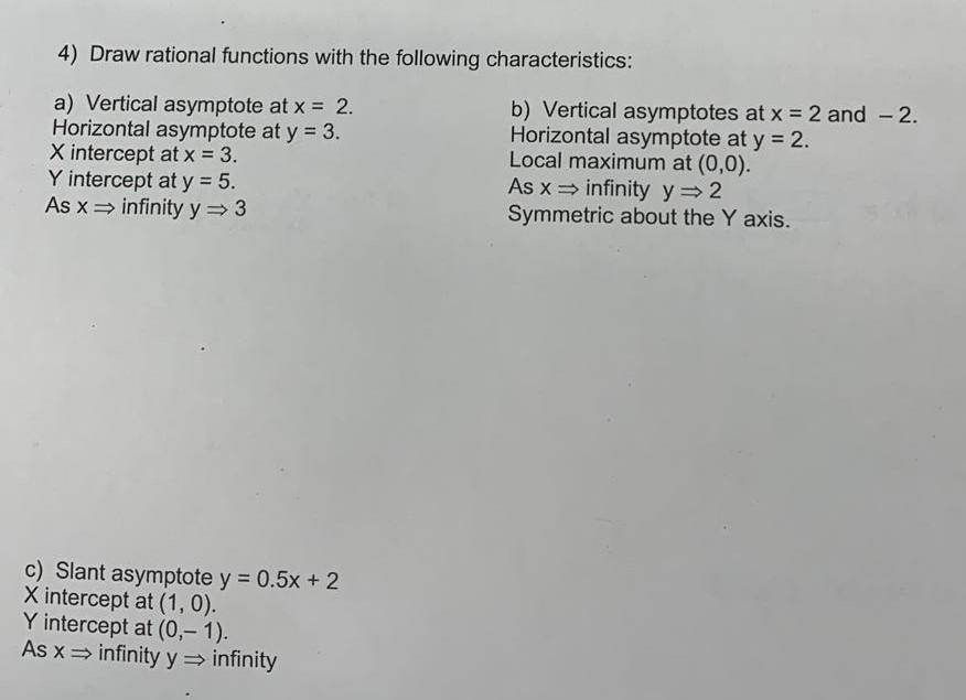 Solved 4) Draw rational functions with the following | Chegg.com