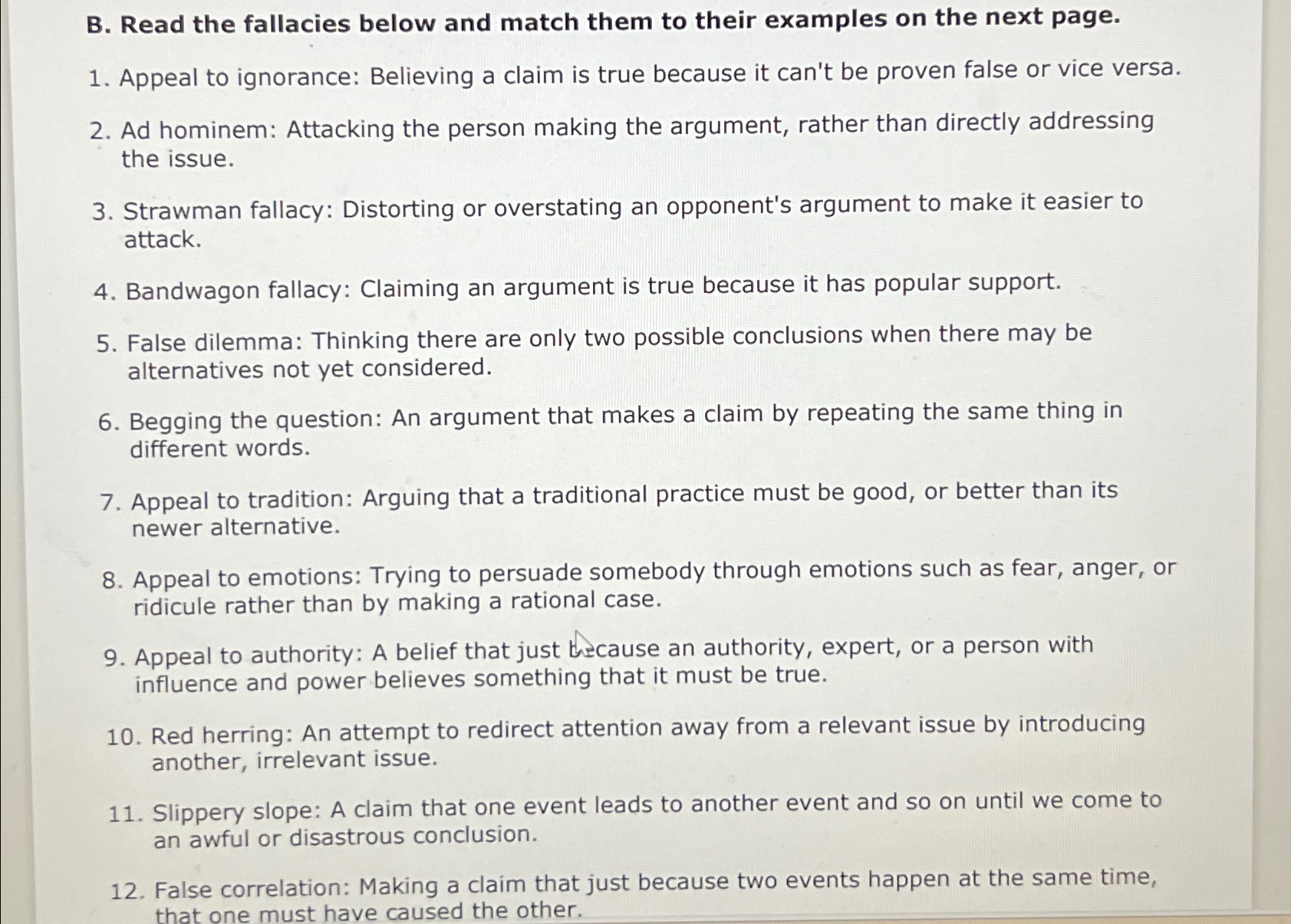 Solved B. ﻿Read the fallacies below and match them to their | Chegg.com