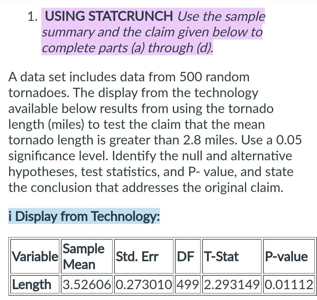 Solved 1. USING STATCRUNCH Use the sample summary and the | Chegg.com