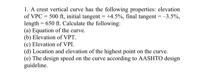 Solved 1. A crest vertical curve has the following | Chegg.com