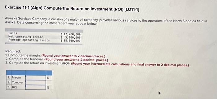 Solved Exercise 11-1 (Algo) Compute the Return on Investment | Chegg.com