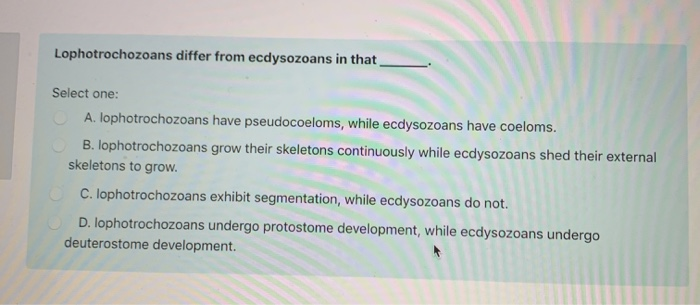 Solved Lophotrochozoans differ from ecdysozoans in that | Chegg.com