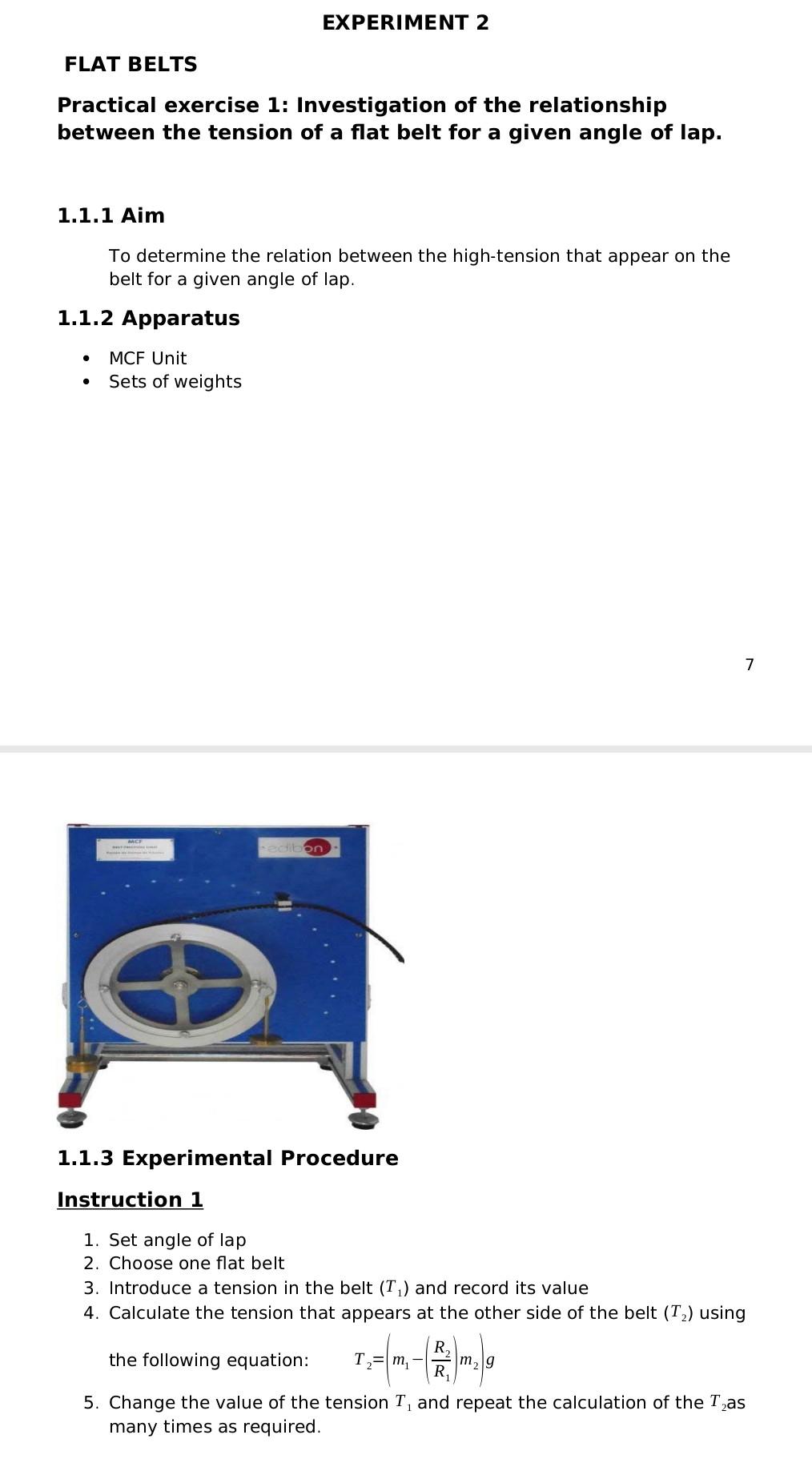 FLAT BELTS Practical exercise 1: Investigation of the | Chegg.com