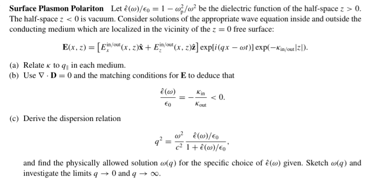 Solved Surface Plasmon Polariton Let hat(εlon)ωεlon0=1-ωp2ω2 | Chegg.com