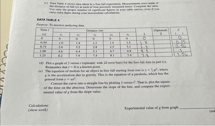 Solved (c) Data Table 4 shows data taken in a free-fall | Chegg.com