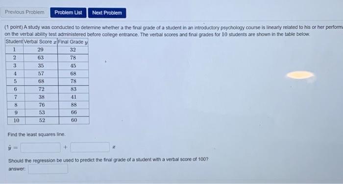 Solved Previous Problem Problern List Next Problem (1 point) | Chegg.com