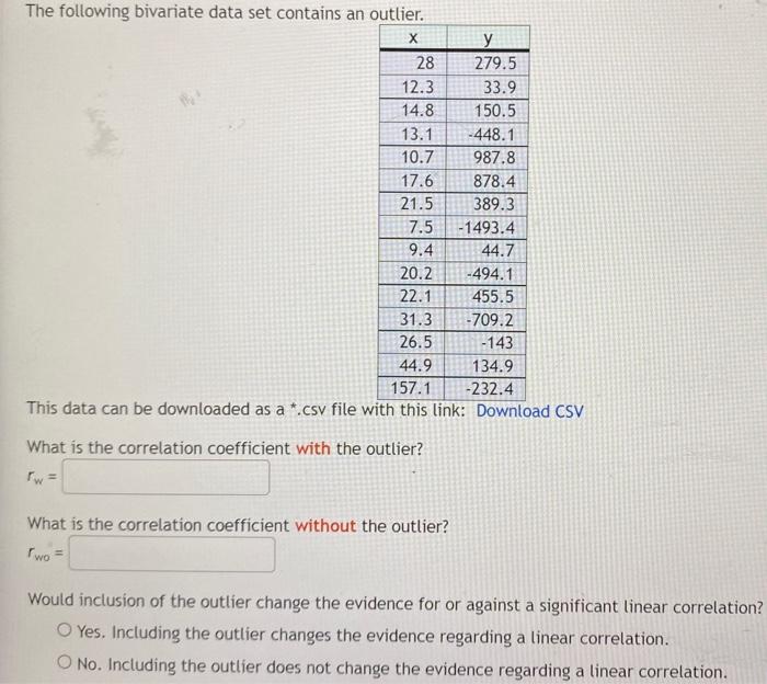 Solved The following bivariate data set contains an nutlior | Chegg.com