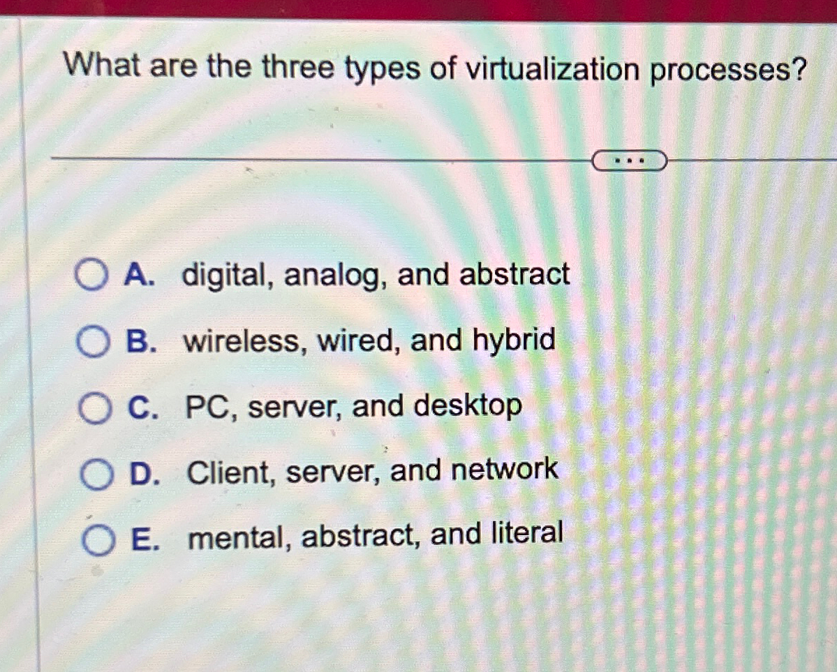 Solved What are the three types of virtualization | Chegg.com