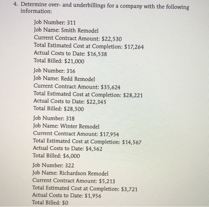 Solved 4. Determine over- and underbillings for a company | Chegg.com