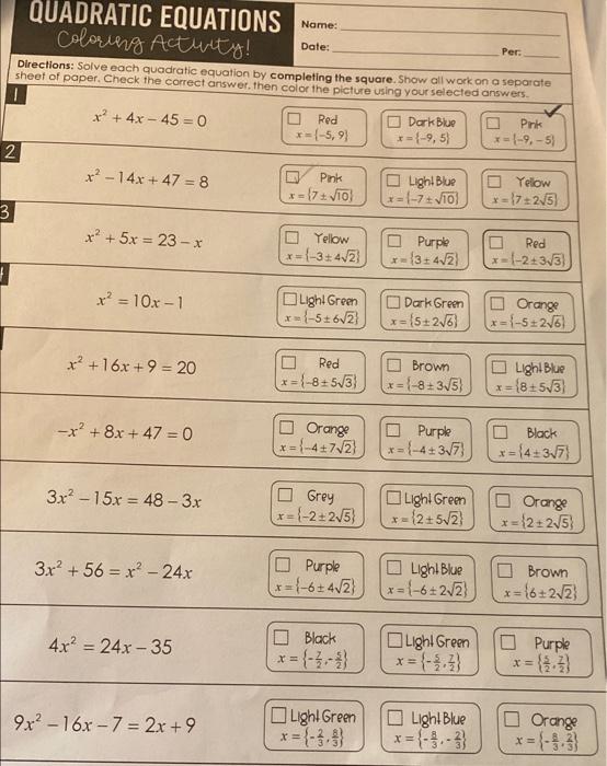 Solved QUADRATIC EQUATIONS Name: Coloring Actuity! Date: | Chegg.com