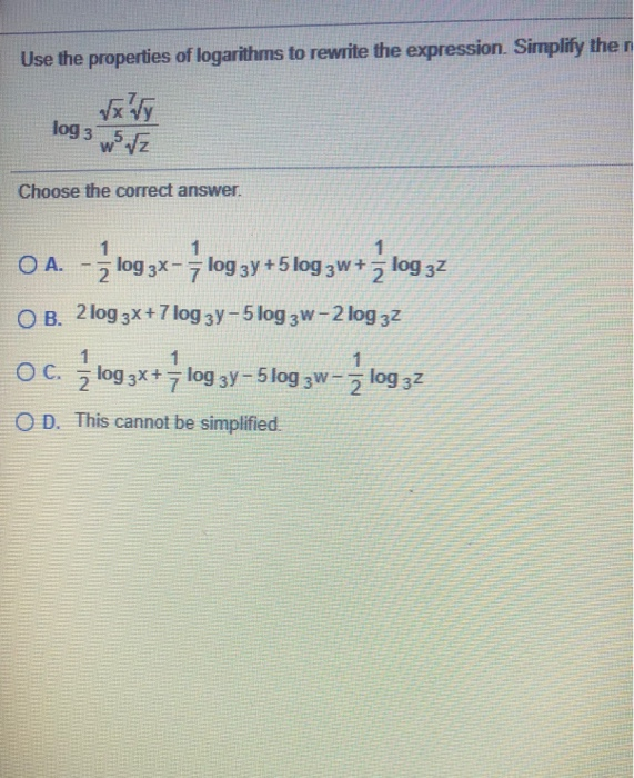 Solved Use the properties of logarithms to rewrite the | Chegg.com