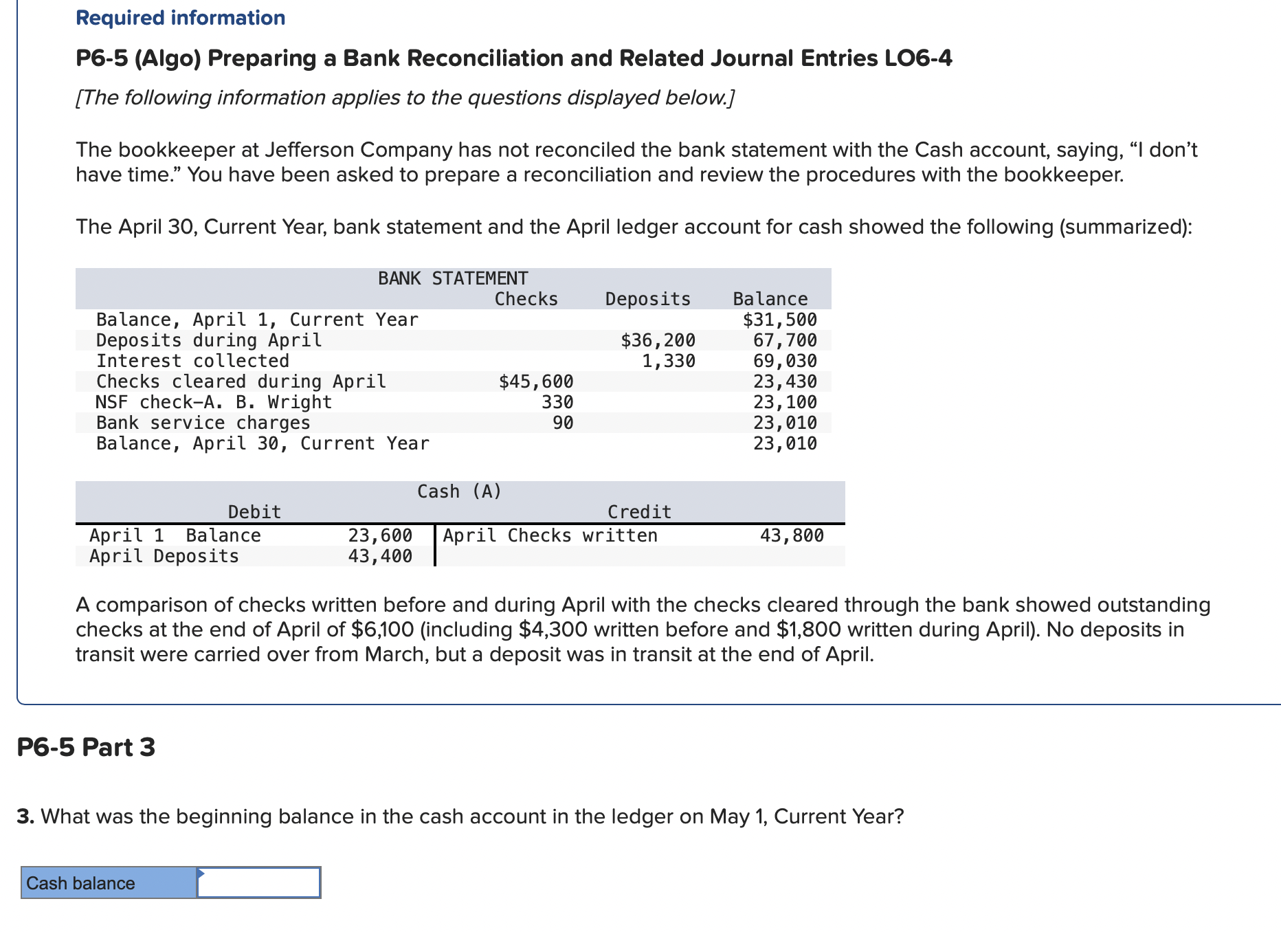 Solved Required informationP6-5 (Algo) ﻿Preparing a Bank | Chegg.com