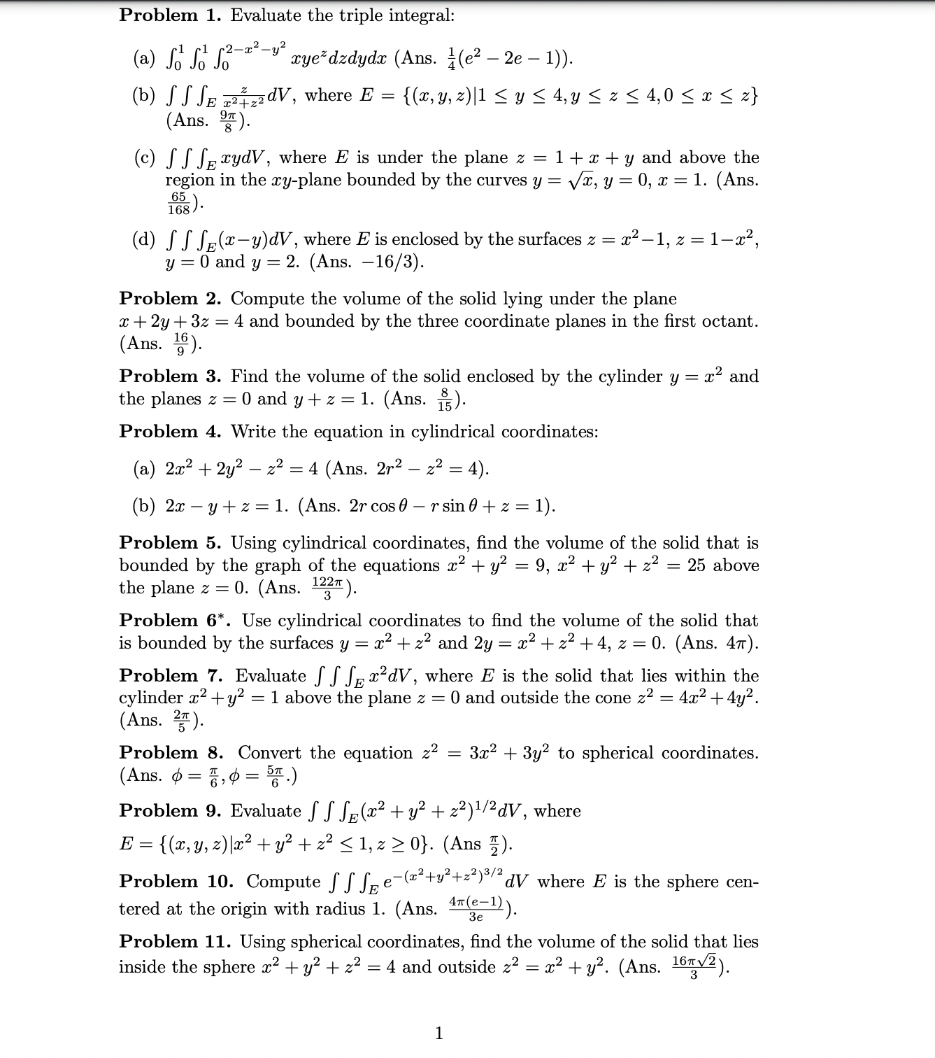 Solved Problem 1. ﻿Evaluate the triple | Chegg.com