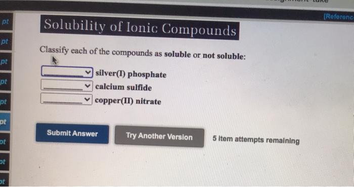 Solved (Roforonc pt Solubility of Ionic Compounds Classify | Chegg.com