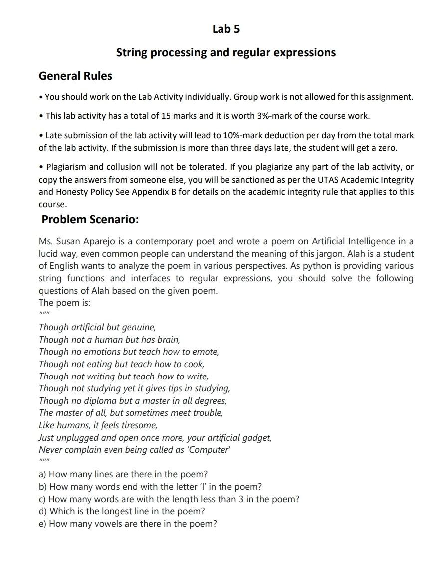 Solved Lab 5 String processing and regular expressions | Chegg.com