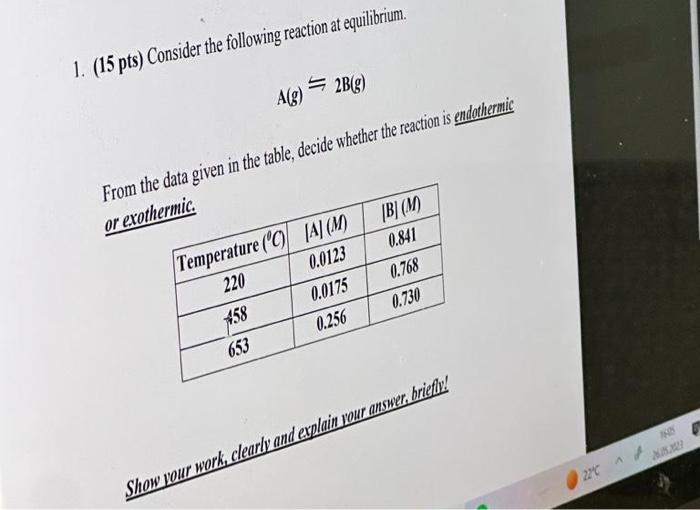 Solved 1. (15 pts) Consider the following reaction at | Chegg.com