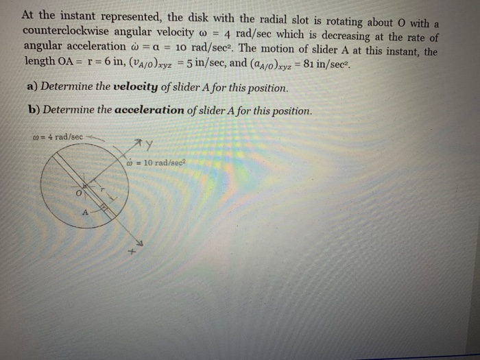 Solved At the instant represented, the disk with the radial | Chegg.com