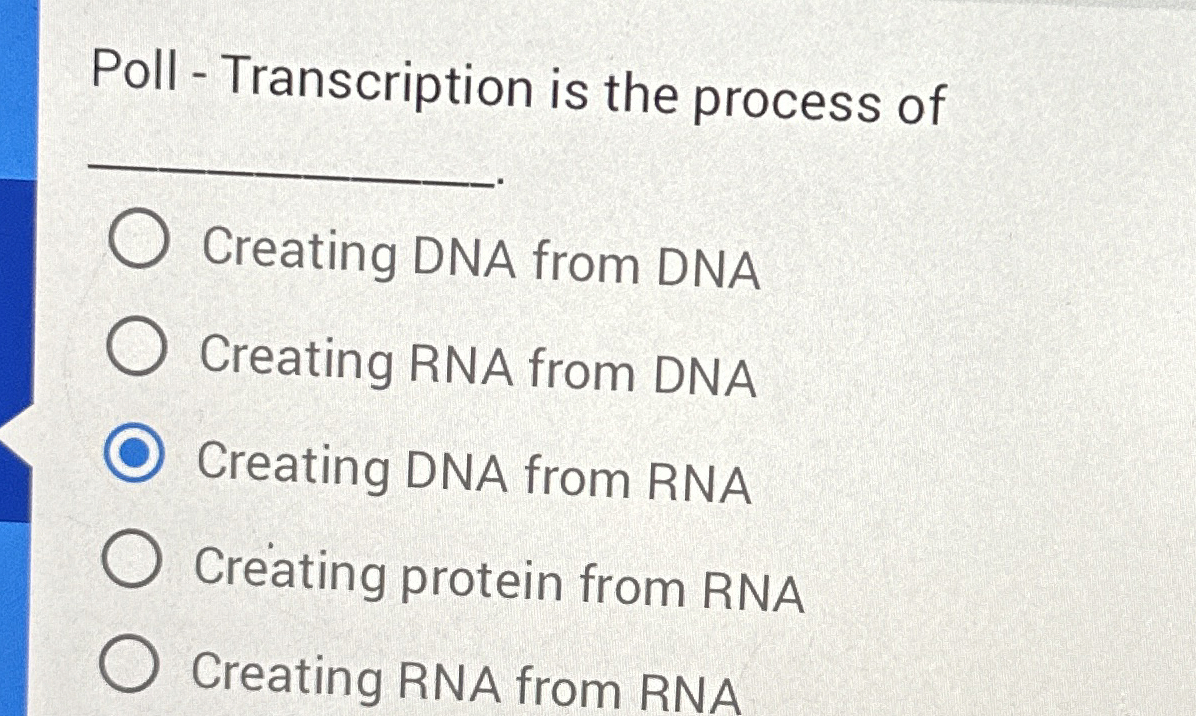 Solved Transcription is the process ofCreating DNA from | Chegg.com