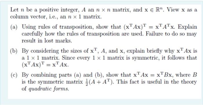 Solved Let n be a positive integer, A an n×n matrix, and | Chegg.com