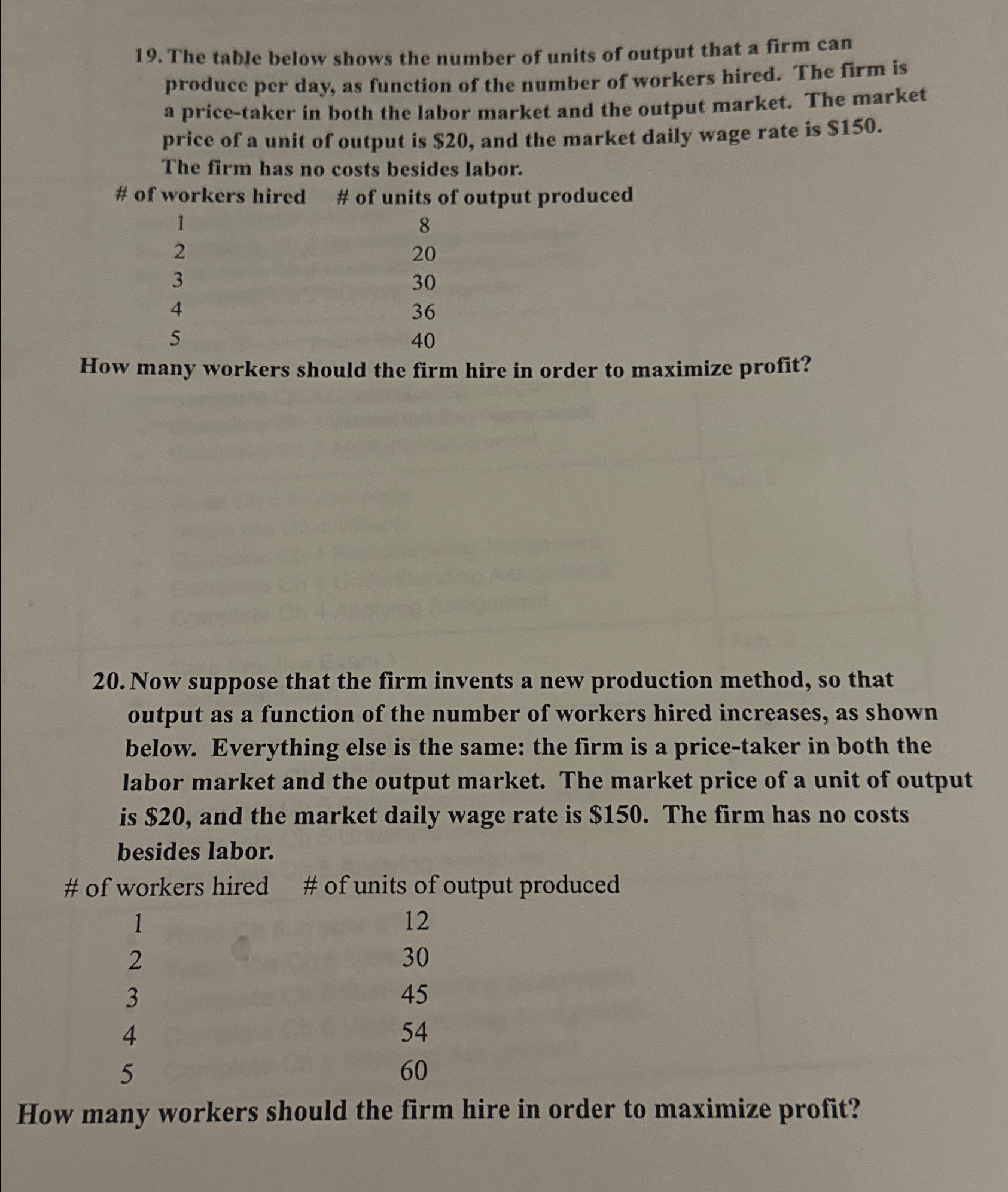 Solved The table below shows the number of units of output | Chegg.com