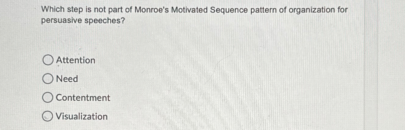 Solved Which step is not part of Monroe's Motivated Sequence | Chegg.com