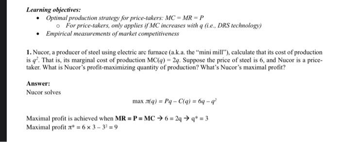 Solved Learning objectives: - Optimal production strategy | Chegg.com