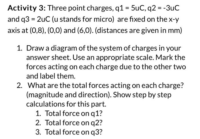 Solved Activity 3: Three point charges, q1=5uC,q2=−3uC and | Chegg.com