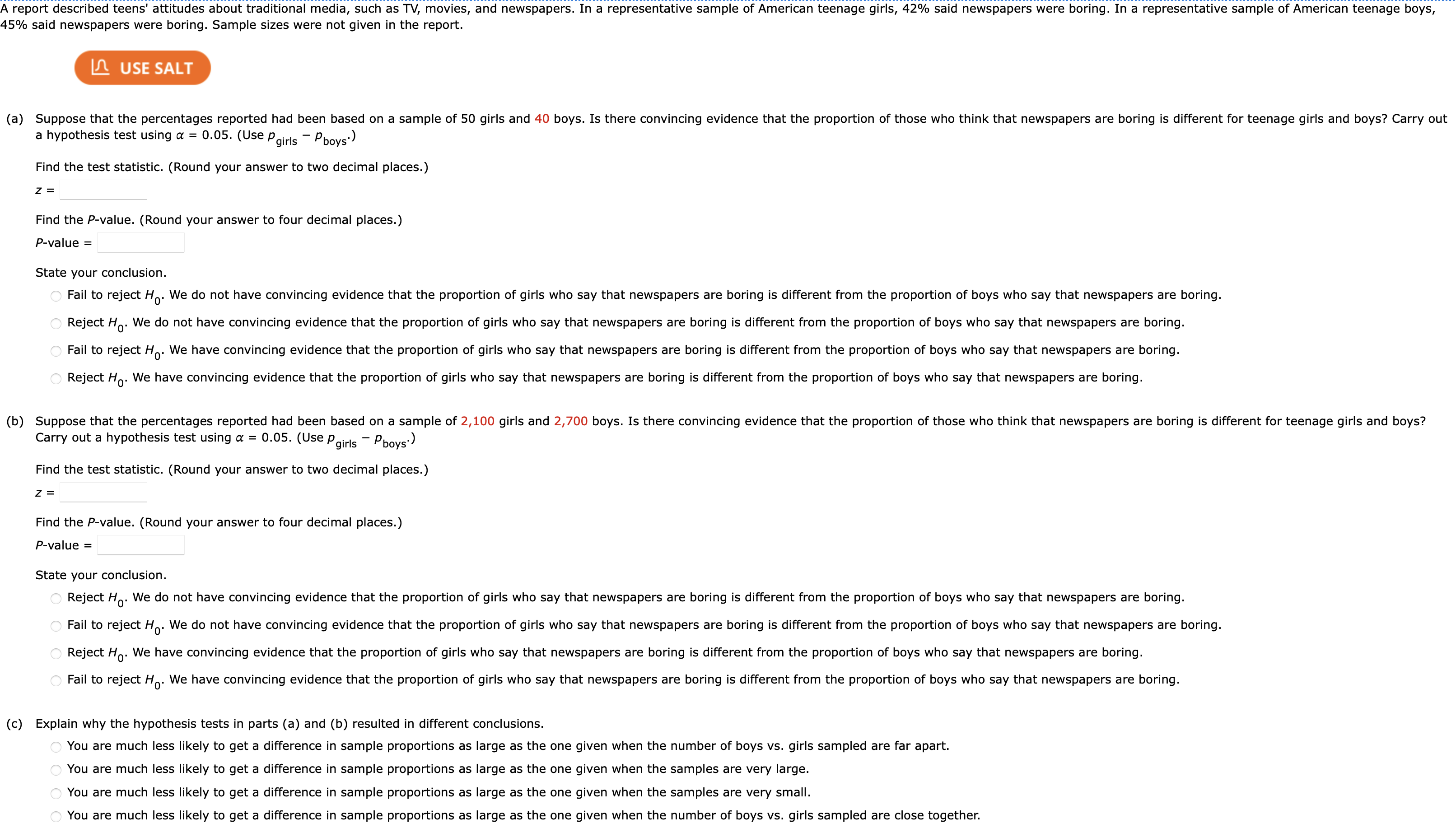 45% ﻿said newspapers were boring. Sample sizes were | Chegg.com