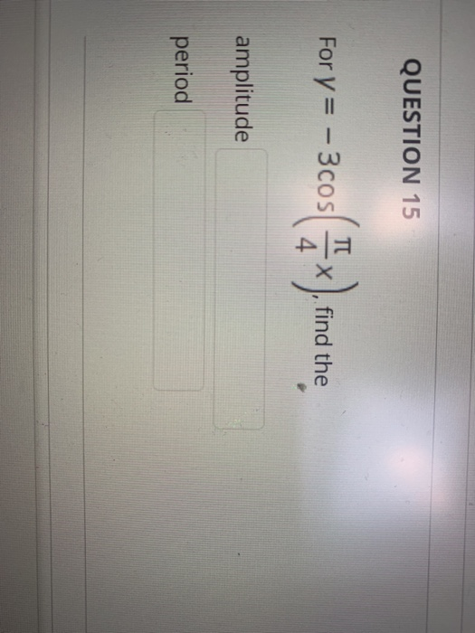 Solved QUESTION 15 For y = - 3cos find the amplitude period | Chegg.com